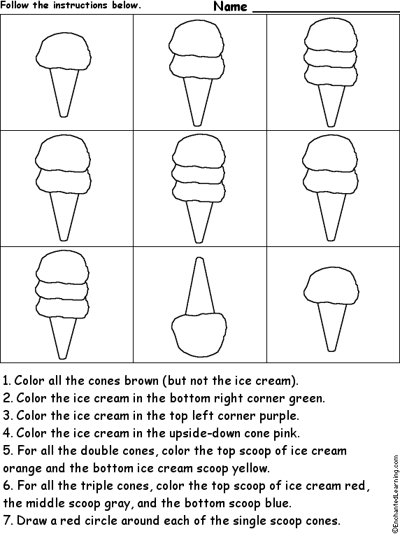Ice Cream Cones - Follow the Instructions: EnchantedLearning.com