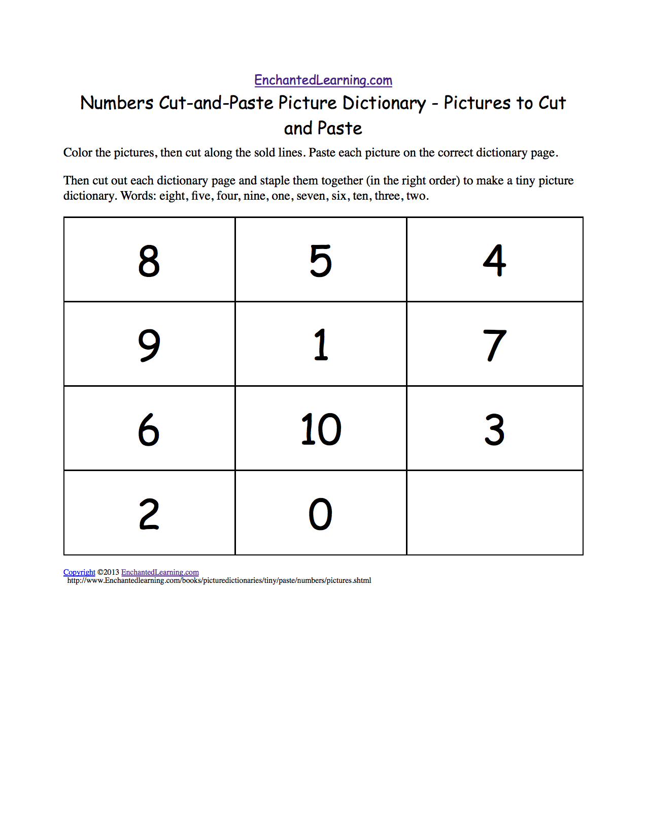 Numbers Cut and Paste Picture Dictionary A Short Book To Print