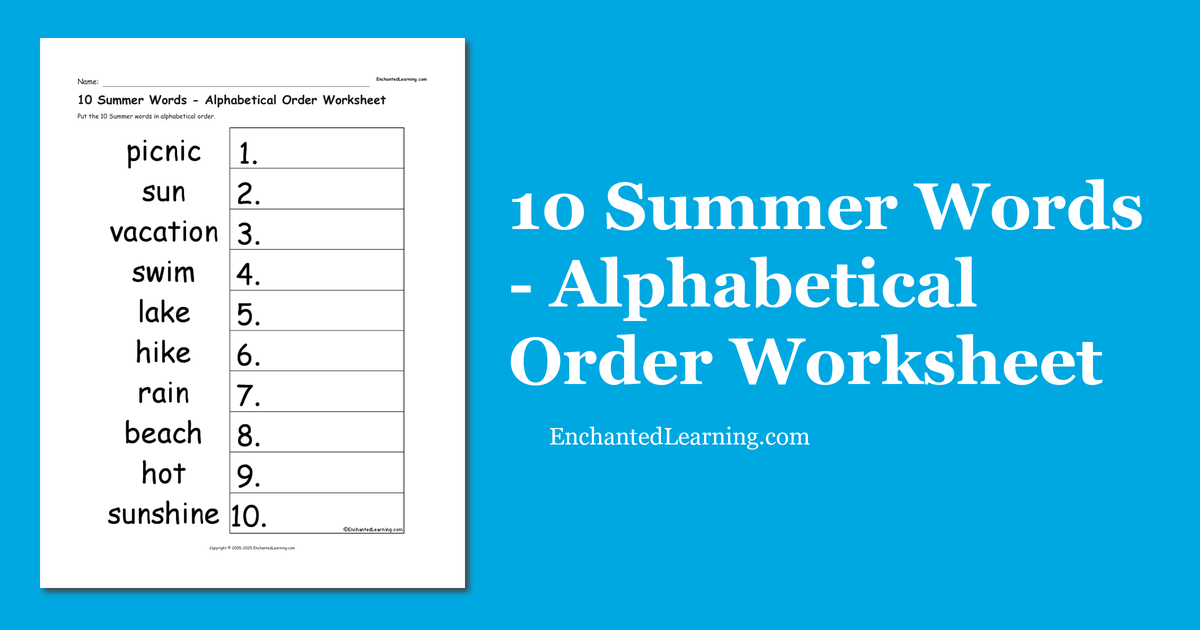 10 Summer Words - Alphabetical Order Worksheet - Enchanted Learning