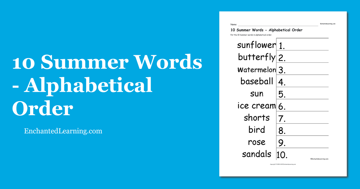 10 Summer Words - Alphabetical Order Worksheet (#2) - Enchanted Learning