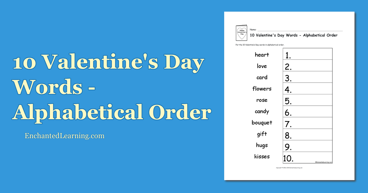 10 Valentine's Day Words - Alphabetical Order - Enchanted Learning