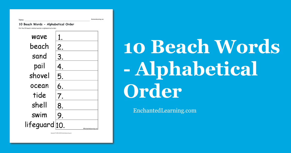 10 Beach Words - Alphabetical Order - Enchanted Learning