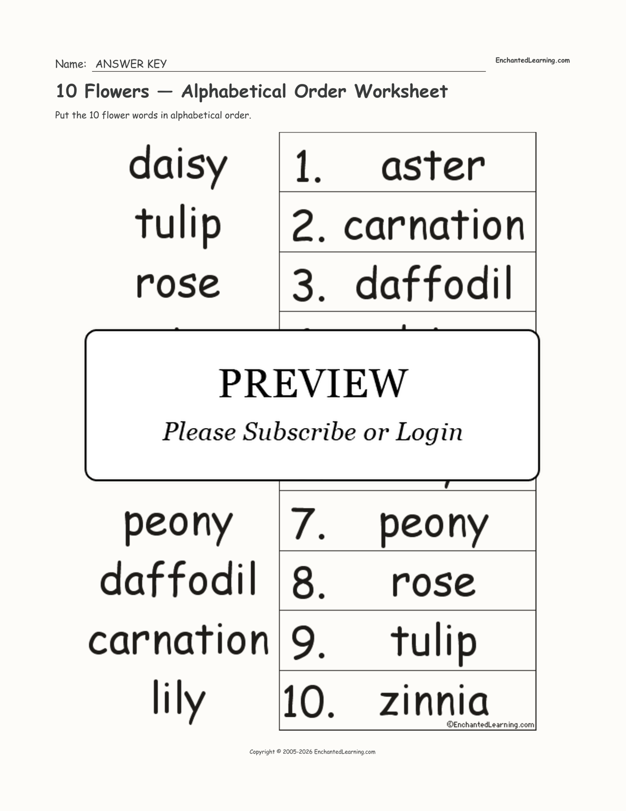 10 Flowers Alphabetical Order Worksheet Enchanted Learning 10 Flowers Alphabetical Order Worksheet Enchanted Learning