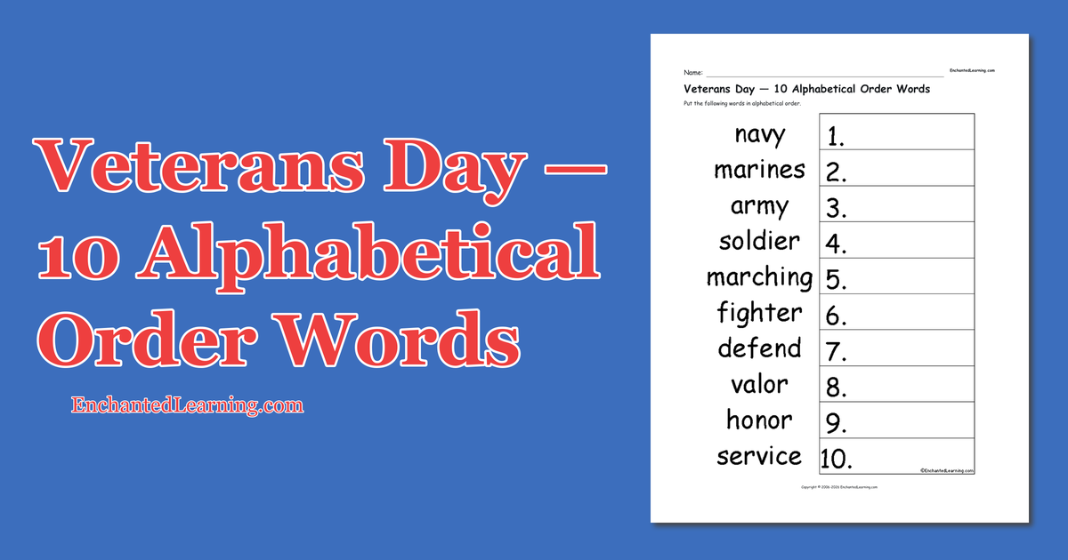 Veterans Day — 10 Alphabetical Order Words - Enchanted Learning