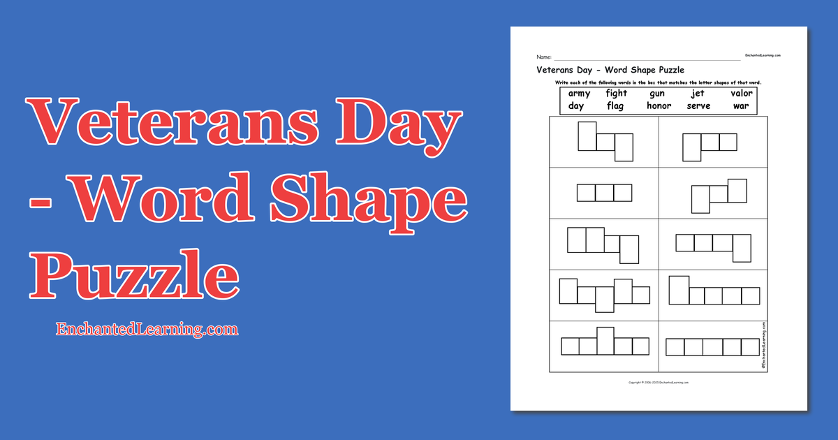 Veterans Day - Word Shape Puzzle - Enchanted Learning