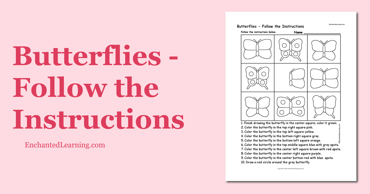 Butterflies — Follow the Instructions Worksheet - Enchanted Learning