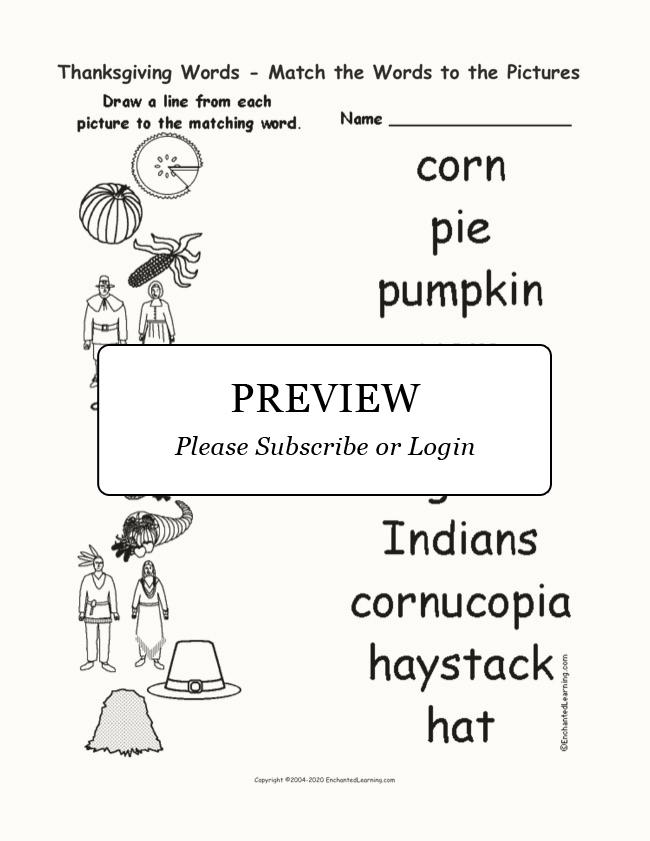 Thanksgiving Words - Match the Words to the Pictures - Enchanted Learning