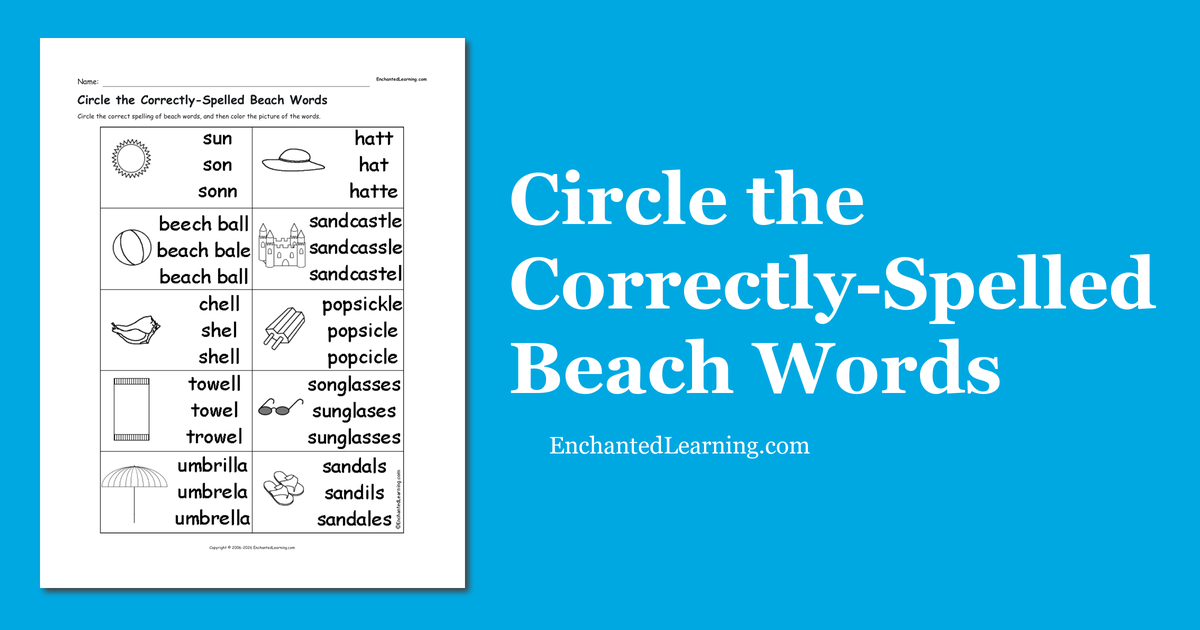 Circle the Correctly-Spelled Beach Words - Enchanted Learning