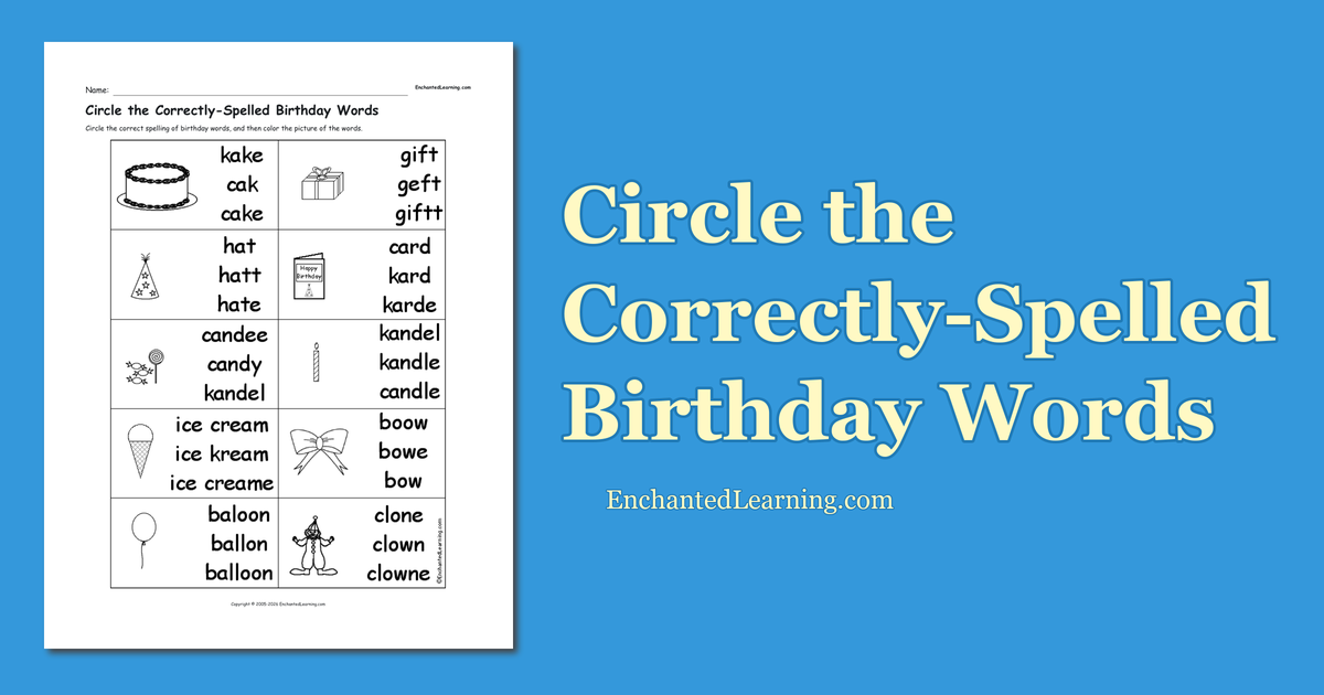 Circle the Correctly-Spelled Birthday Words - Enchanted Learning