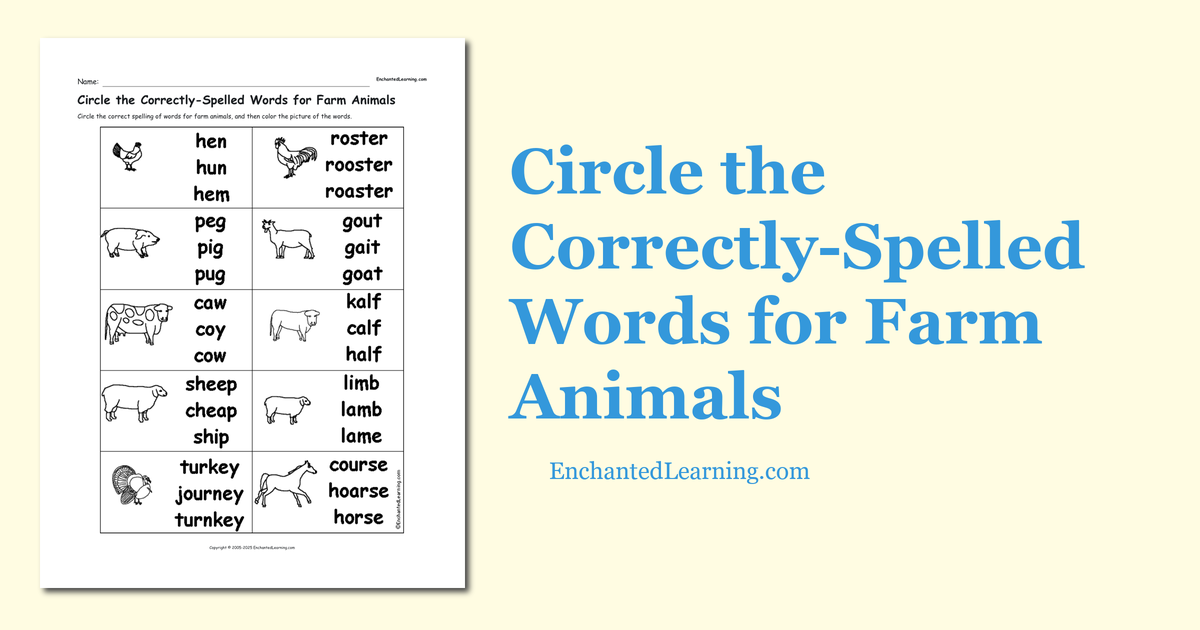 Circle the Correctly-Spelled Words for Farm Animals - Enchanted Learning