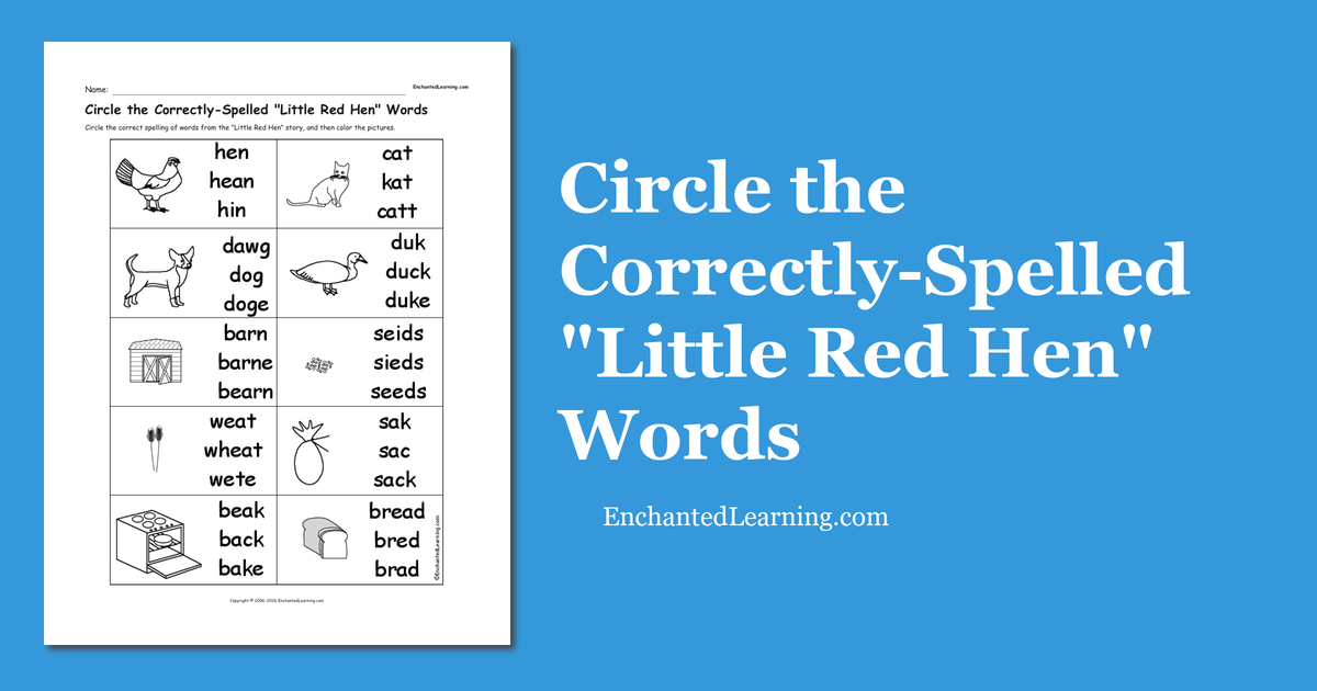 Circle the Correctly-Spelled "Little Red Hen" Words - Enchanted Learning
