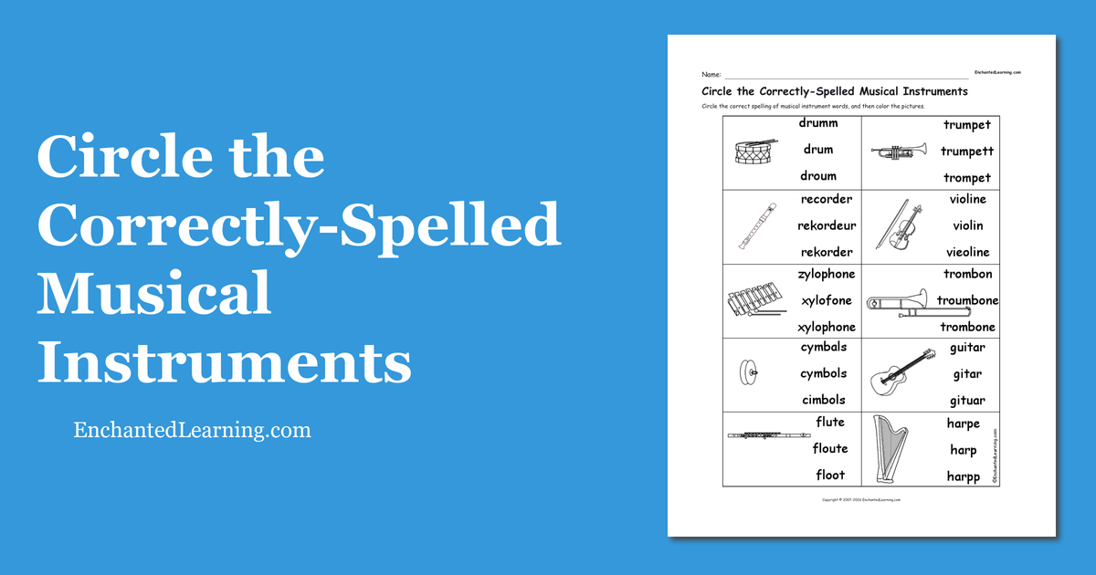 Circle the Correctly-Spelled Musical Instruments - Enchanted Learning