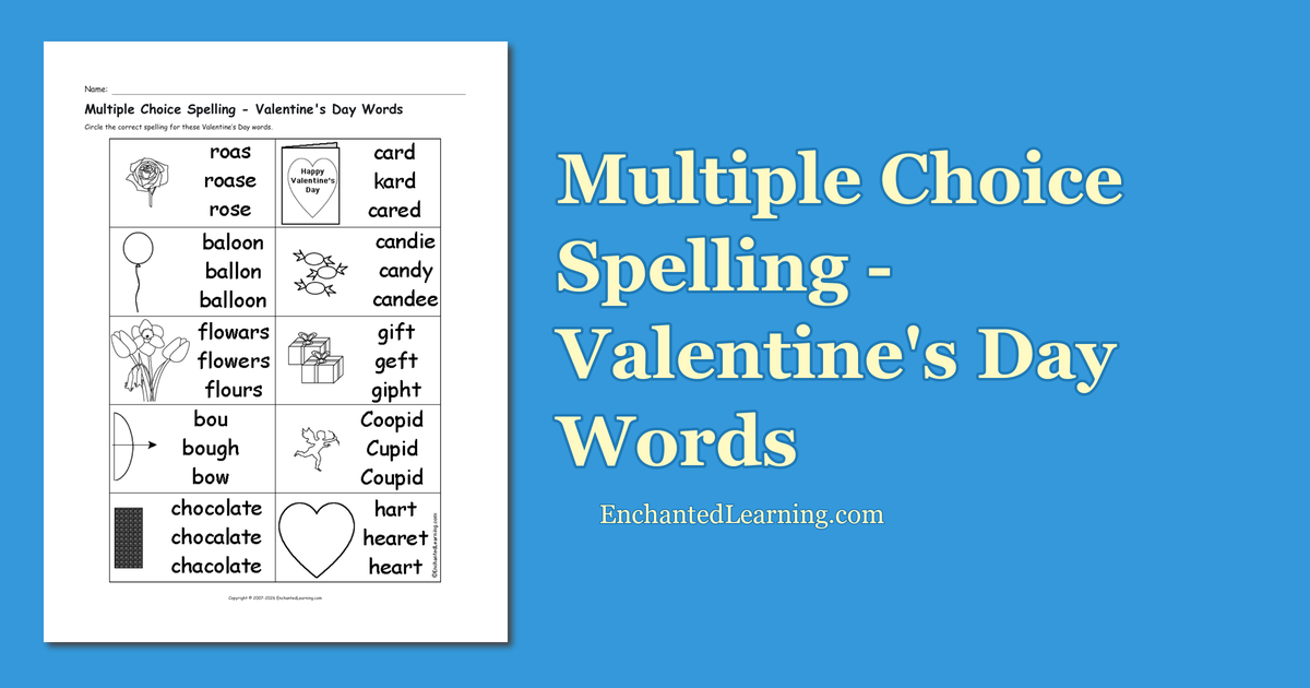 Multiple Choice Spelling - Valentine's Day Words - Enchanted Learning
