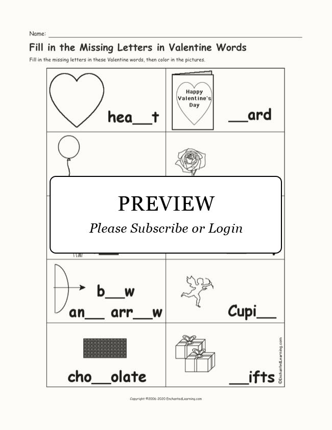 Fill in the Missing Letters in Valentine Words - Enchanted Learning