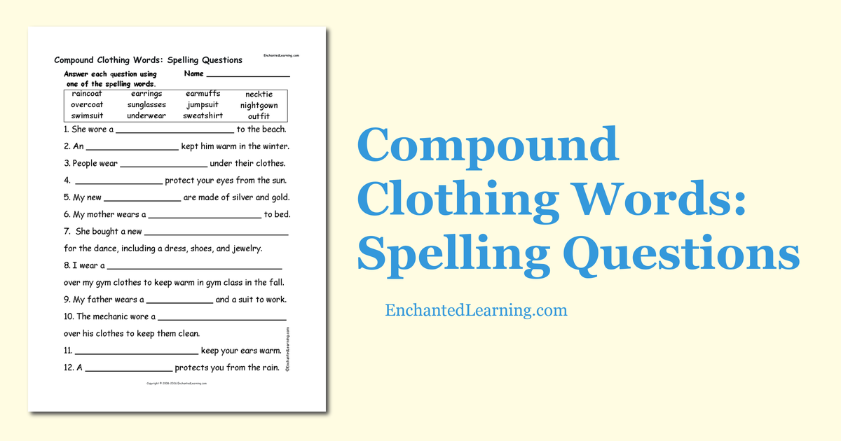 Compound Clothing Words: Spelling Questions - Enchanted Learning