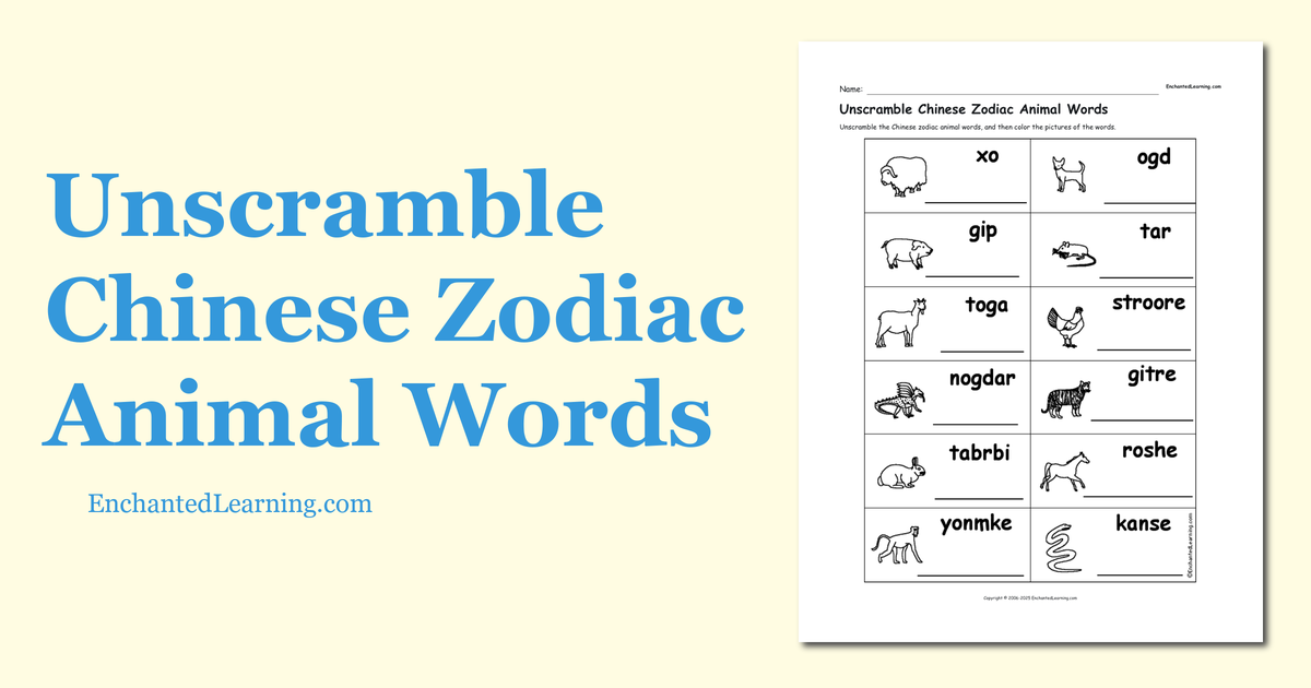 Unscramble Chinese Zodiac Animal Words - Enchanted Learning
