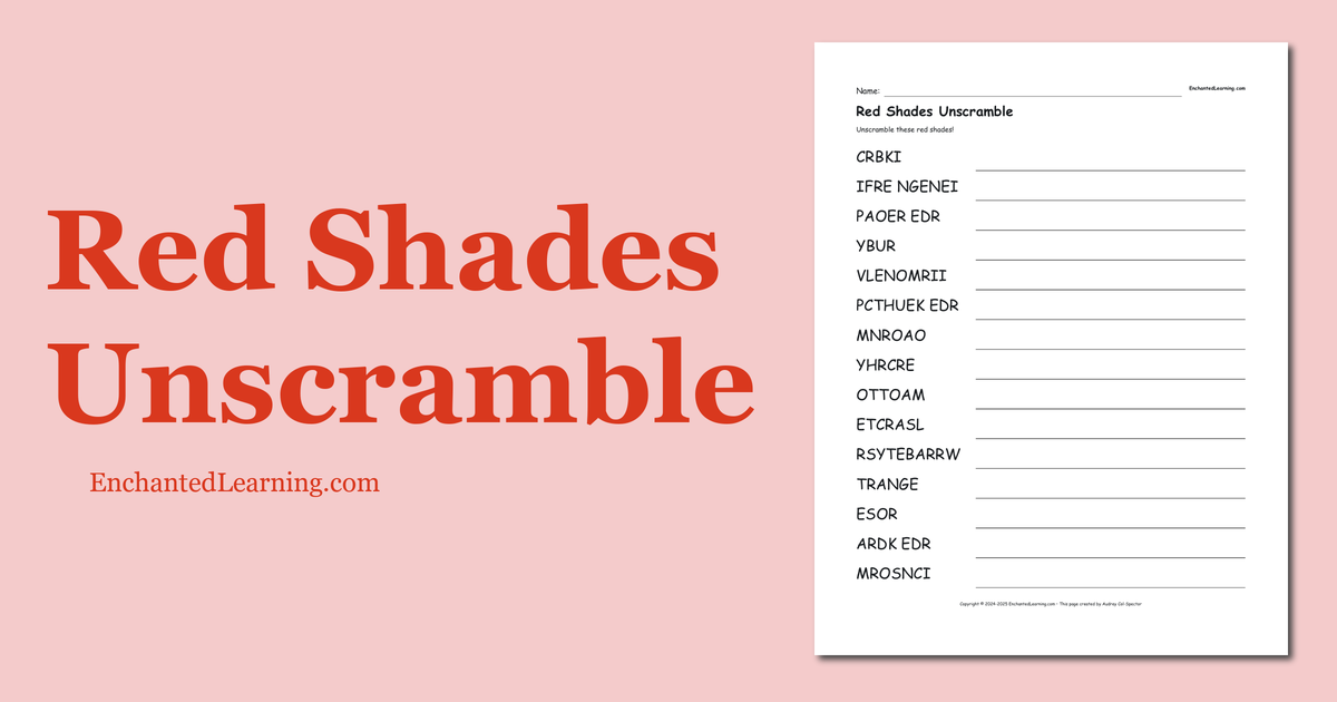 Red Shades Unscramble - Enchanted Learning