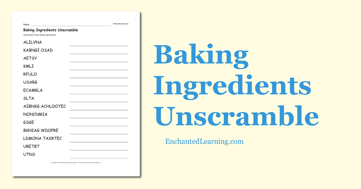 Baking Ingredients Unscramble - Enchanted Learning