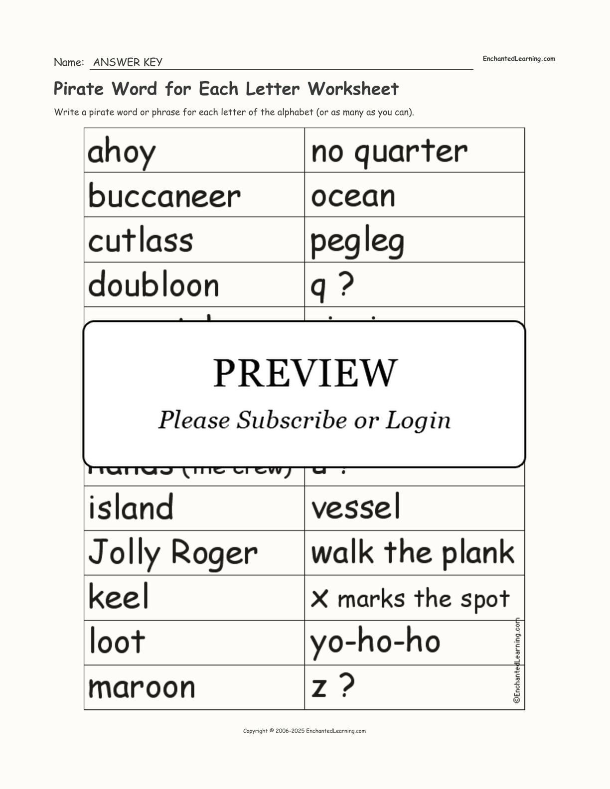Pirate Word For Each Letter Worksheet Enchanted Learning