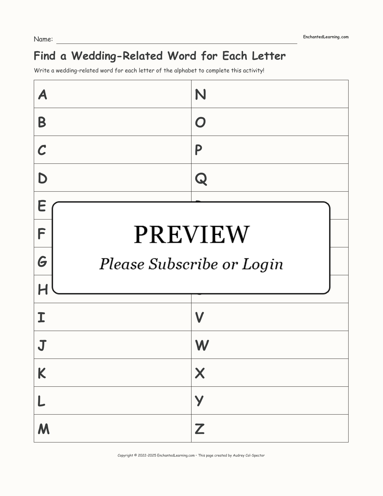 Find A Wedding Related Word For Each Letter Enchanted Learning