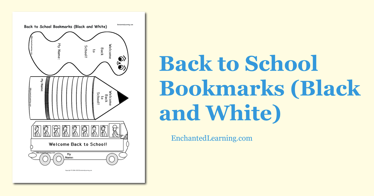 Back to School Bookmarks (Black and White) - Enchanted Learning