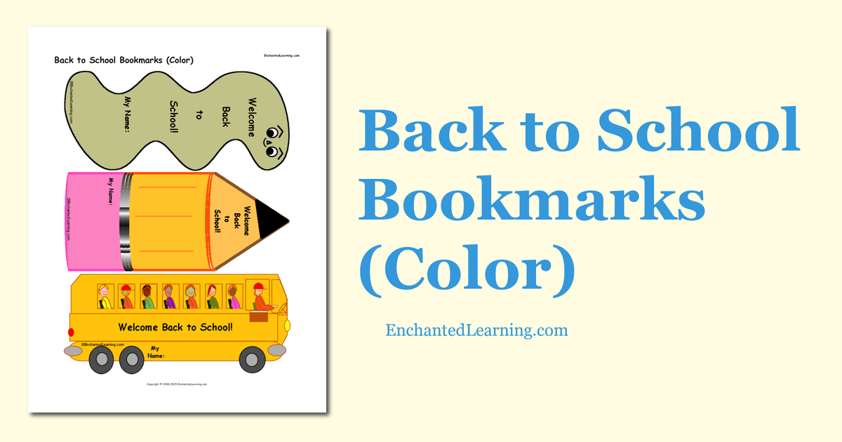 Back to School Bookmarks (Color) - Enchanted Learning