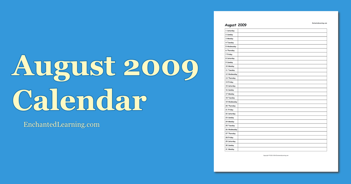 August 2009 Scheduling Calendar - Enchanted Learning