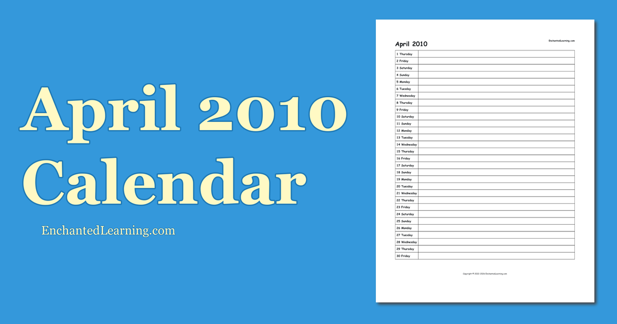 April 2010 Scheduling Calendar - Enchanted Learning