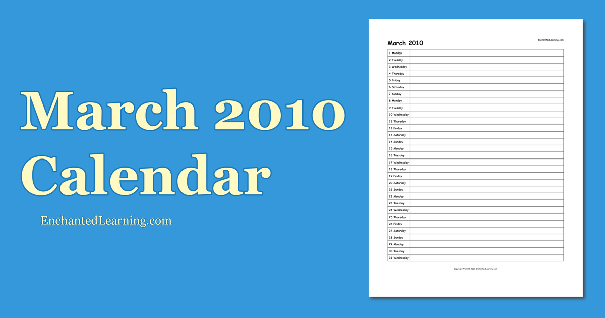March 2010 Scheduling Calendar - Enchanted Learning