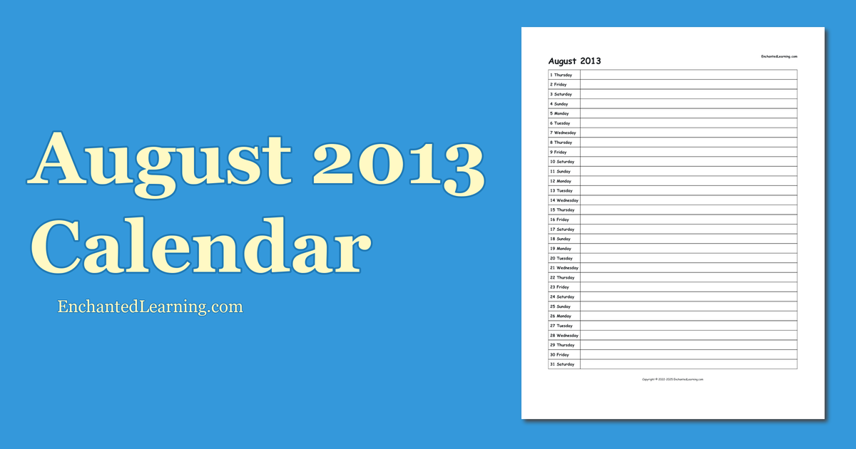August 2013 Scheduling Calendar - Enchanted Learning