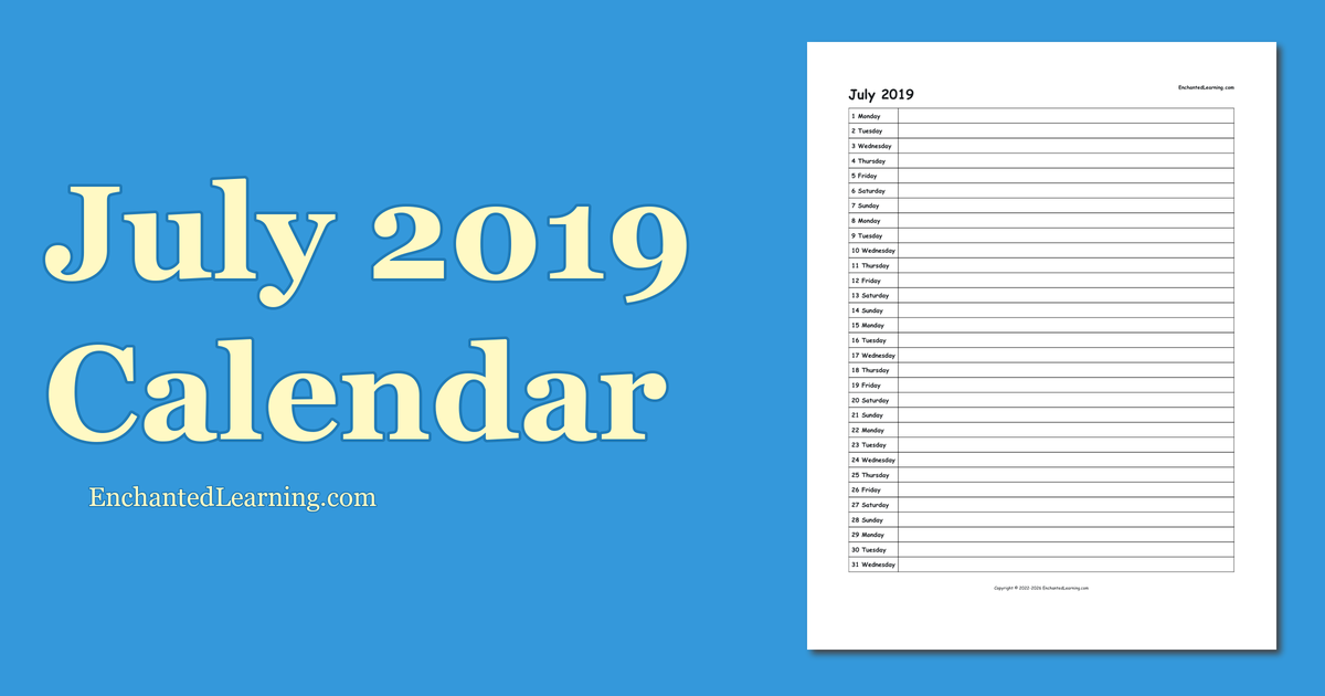 July 2019 Scheduling Calendar - Enchanted Learning