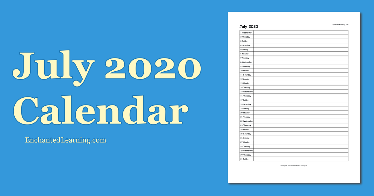 July 2020 Scheduling Calendar - Enchanted Learning