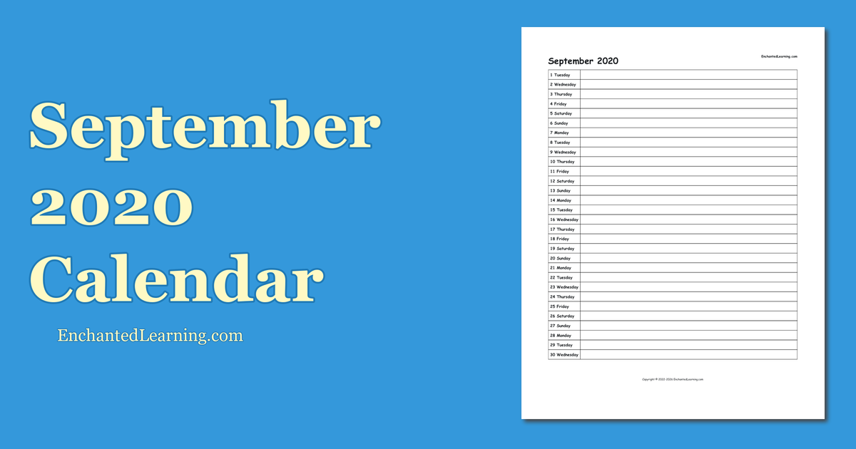 September 2020 Scheduling Calendar - Enchanted Learning