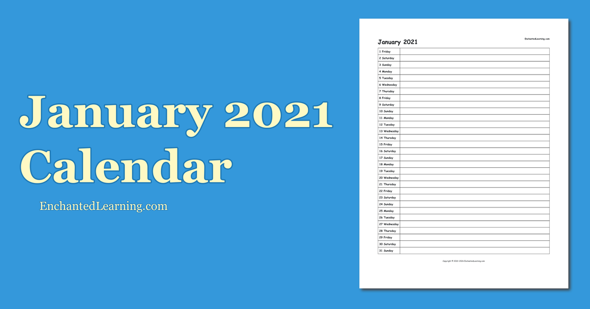January 2021 Scheduling Calendar - Enchanted Learning