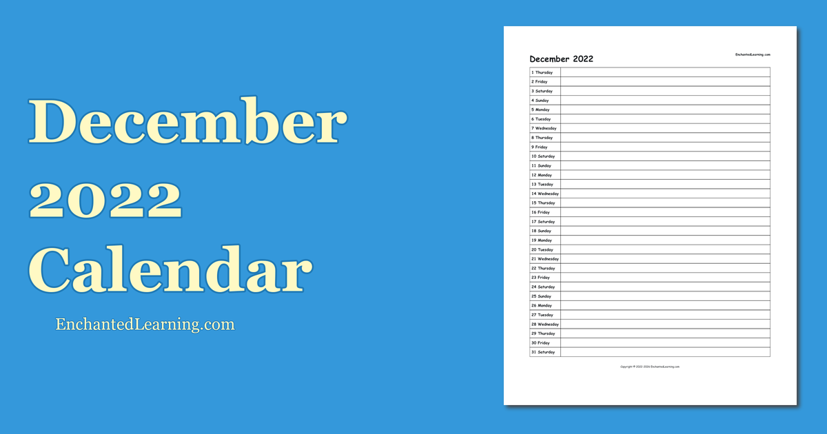 December 2022 Scheduling Calendar - Enchanted Learning