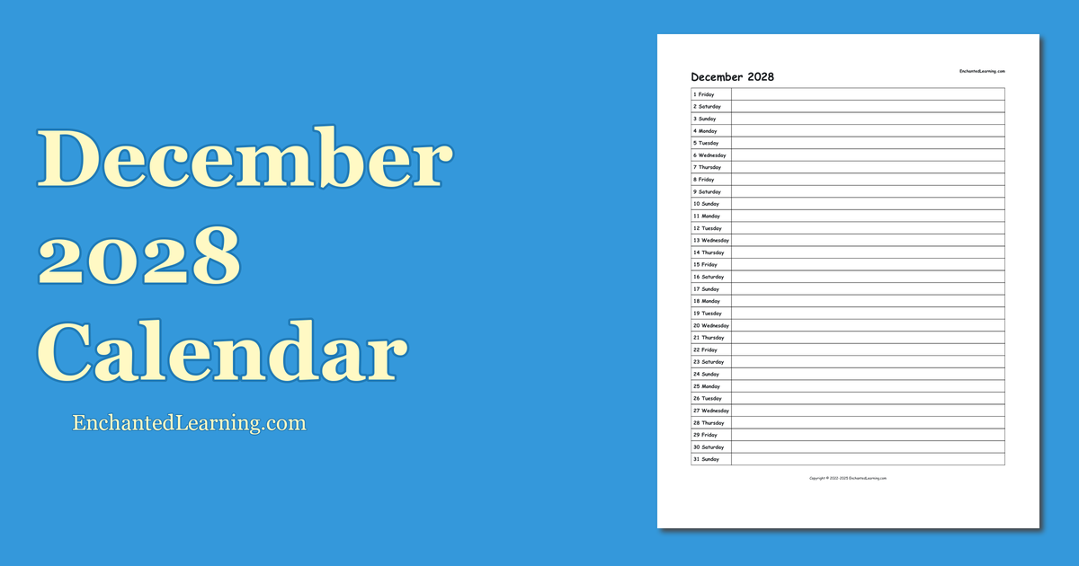 December 2028 Scheduling Calendar - Enchanted Learning