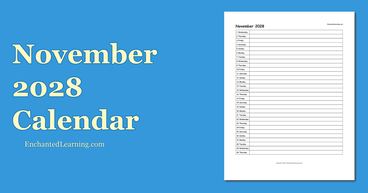 November 2028 Scheduling Calendar - Enchanted Learning