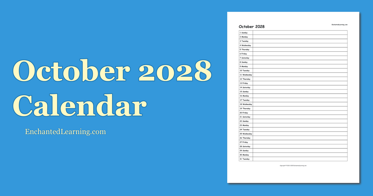 October 2028 Scheduling Calendar - Enchanted Learning