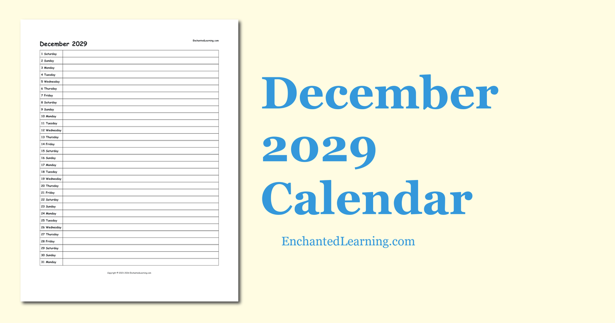 December 2029 Scheduling Calendar - Enchanted Learning