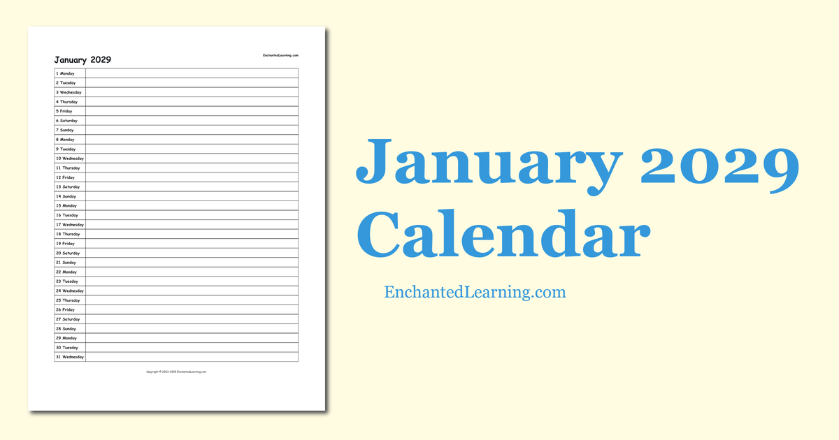 January 2029 Scheduling Calendar - Enchanted Learning
