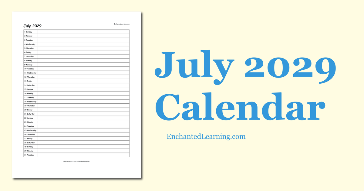 July 2029 Scheduling Calendar - Enchanted Learning