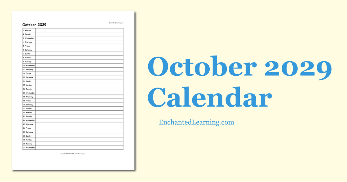 October 2029 Scheduling Calendar - Enchanted Learning