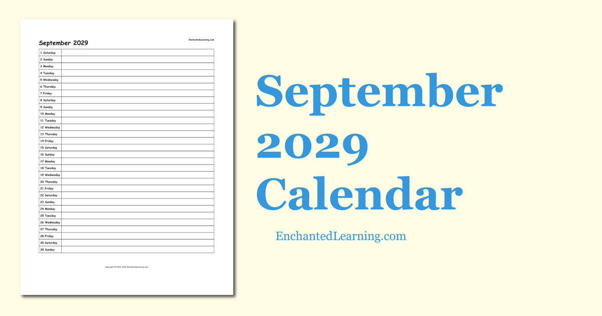 September 2029 Scheduling Calendar - Enchanted Learning