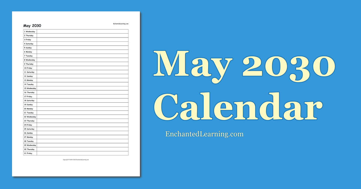 May 2030 Scheduling Calendar - Enchanted Learning