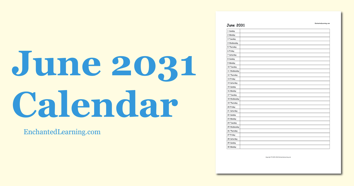 June 2031 Scheduling Calendar - Enchanted Learning
