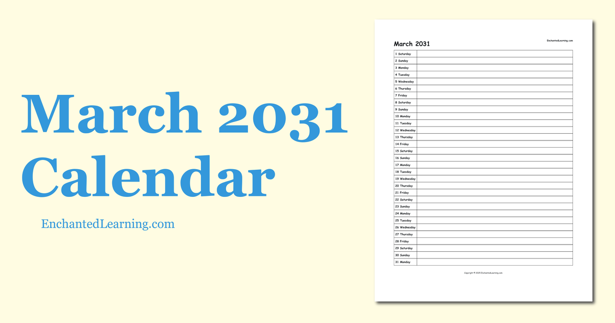 March 2031 Scheduling Calendar - Enchanted Learning