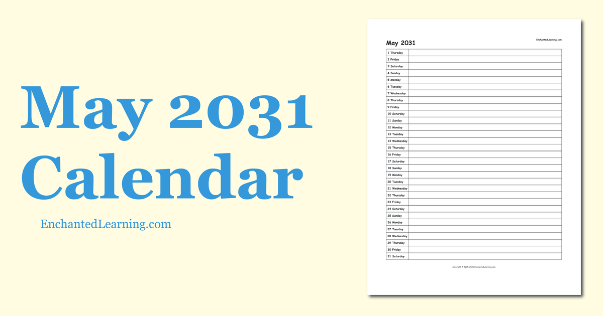 May 2031 Scheduling Calendar - Enchanted Learning