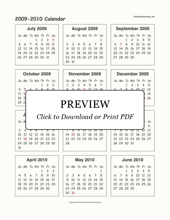 2009-2010 School-Year One-Page Calendar - Enchanted Learning