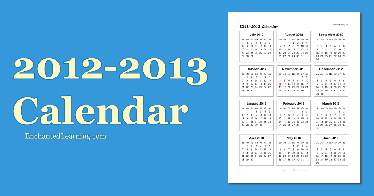 2012-2013 School-Year One-Page Calendar - Enchanted Learning