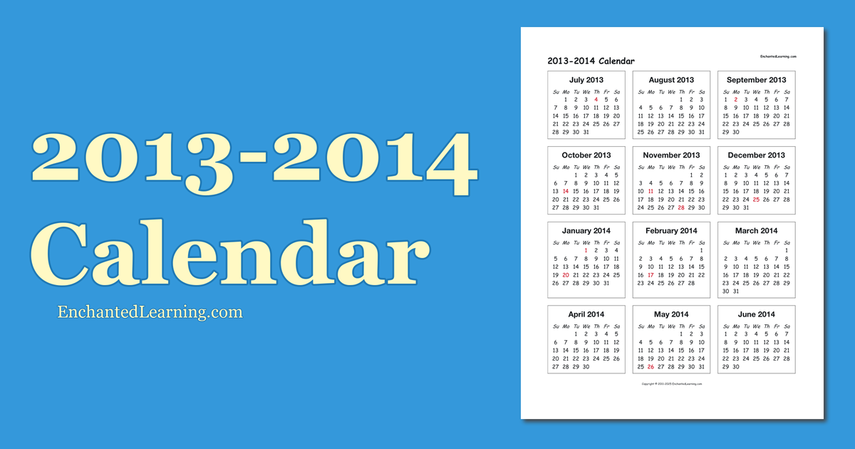 2013-2014 School-Year One-Page Calendar - Enchanted Learning